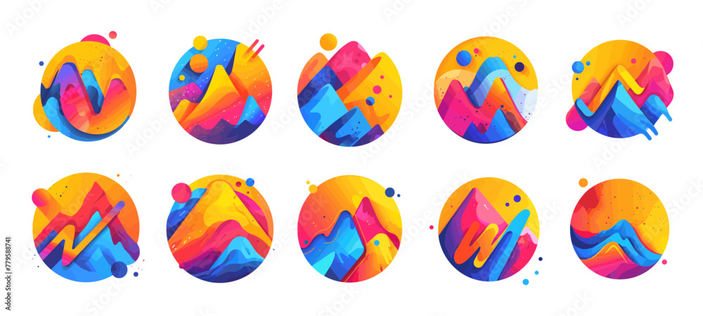 Marketing logos cartoon vector set. Round shape charts tables graphs ...