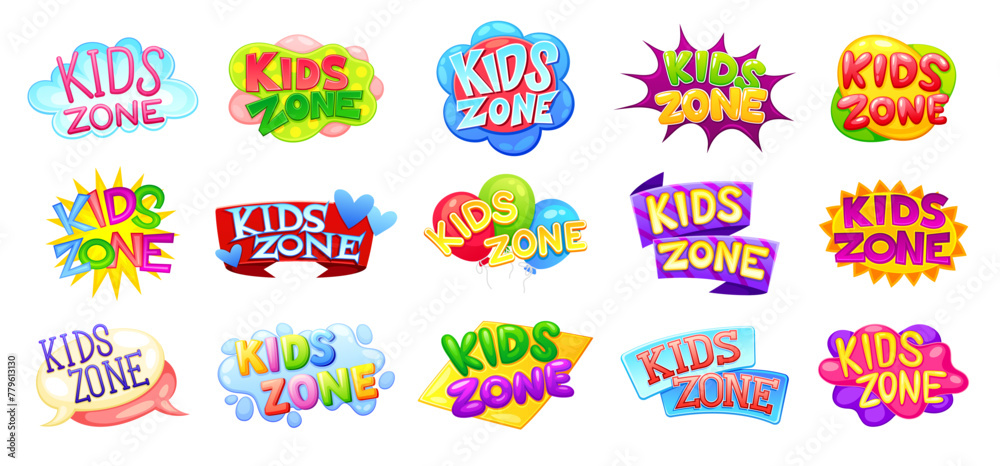 Kids zone badges. Kid play room sign sticker pack, childish fun party ...