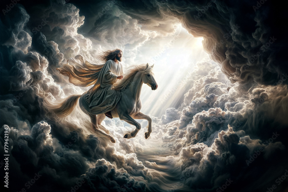Jesus Christ Returns on White Horse: End Times Revelation Stock Photo ...