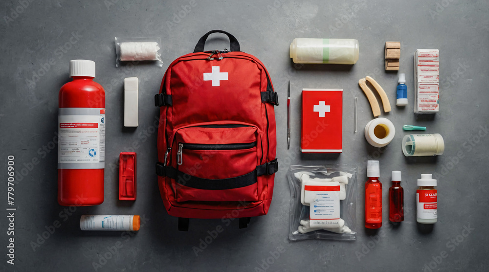 First aid kit and medical emergency equipment on flat lay background ...