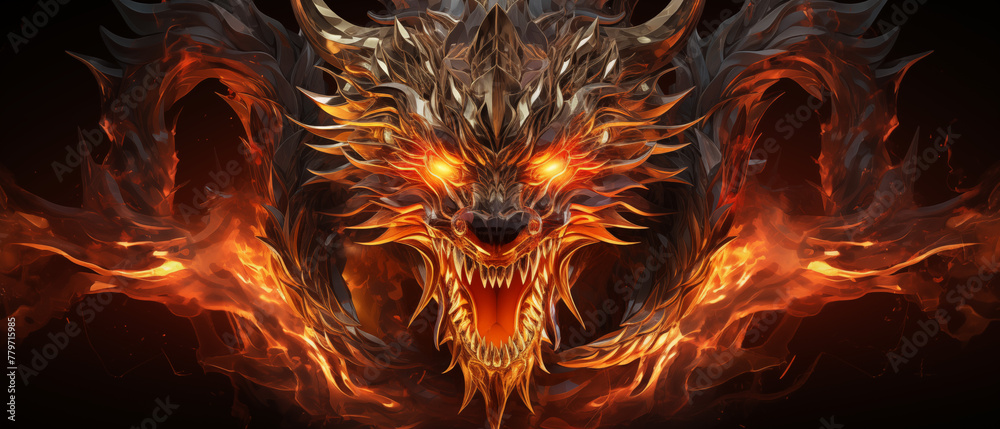 Ferocious Fire Dragon Head Roaring in Flames Illustration Stock ...
