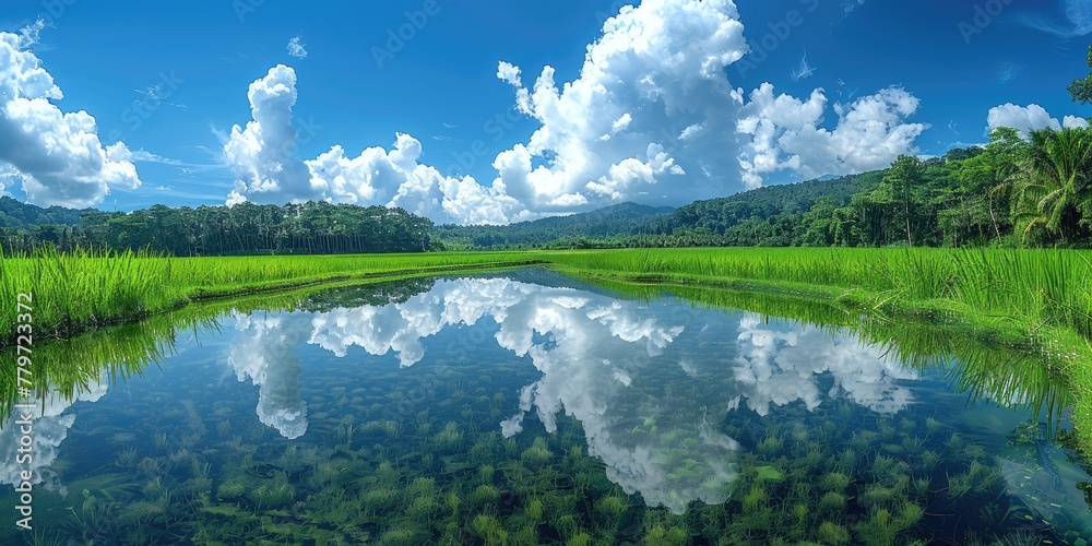 A mesmerizing panorama of lush green rice paddies reflecting the ...