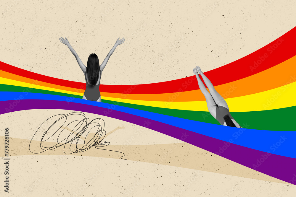 Composite photo collage of anonym girl swim rainbow lgbt sign ...