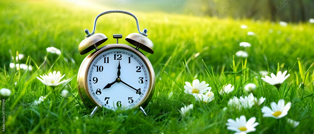 Time change in spring. Daylight saving time. Alarm clock on beautiful ...