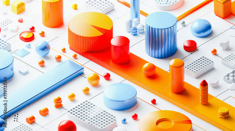 Colorful 3D infographic elements, including pie charts, graphs, and bar ...