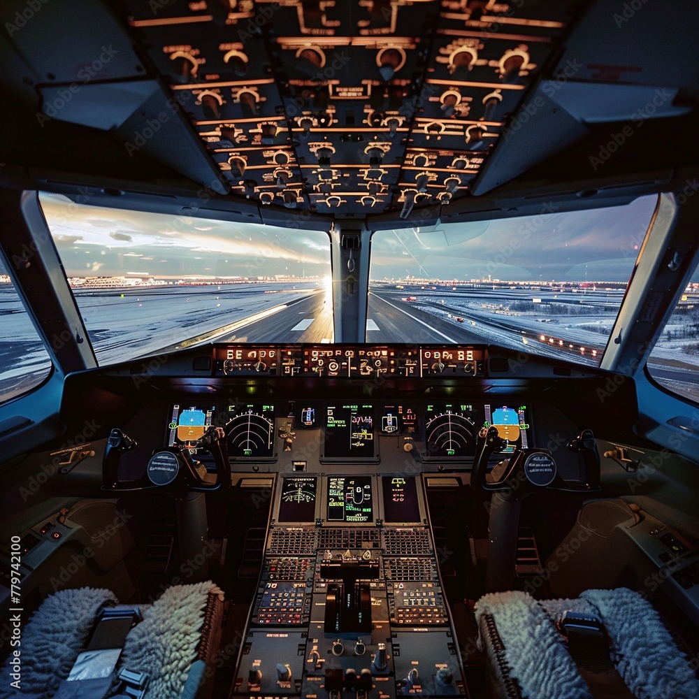 The image shows the cockpit of an airplane from the inside, with ...