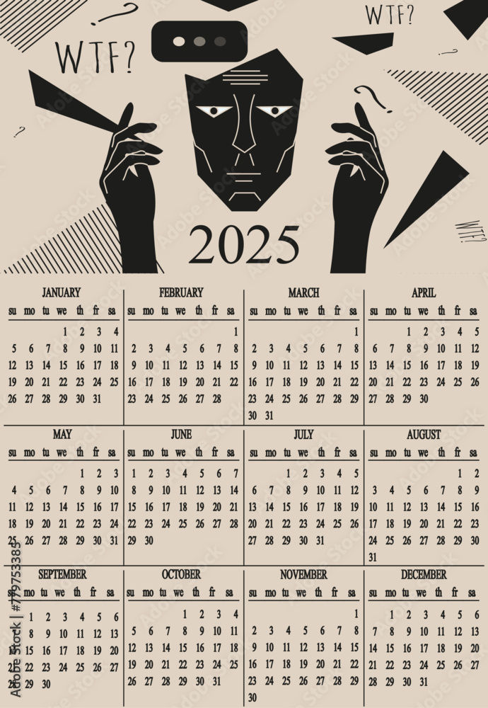 2025 Calendar design with black hand and Geometric head silhouette ...