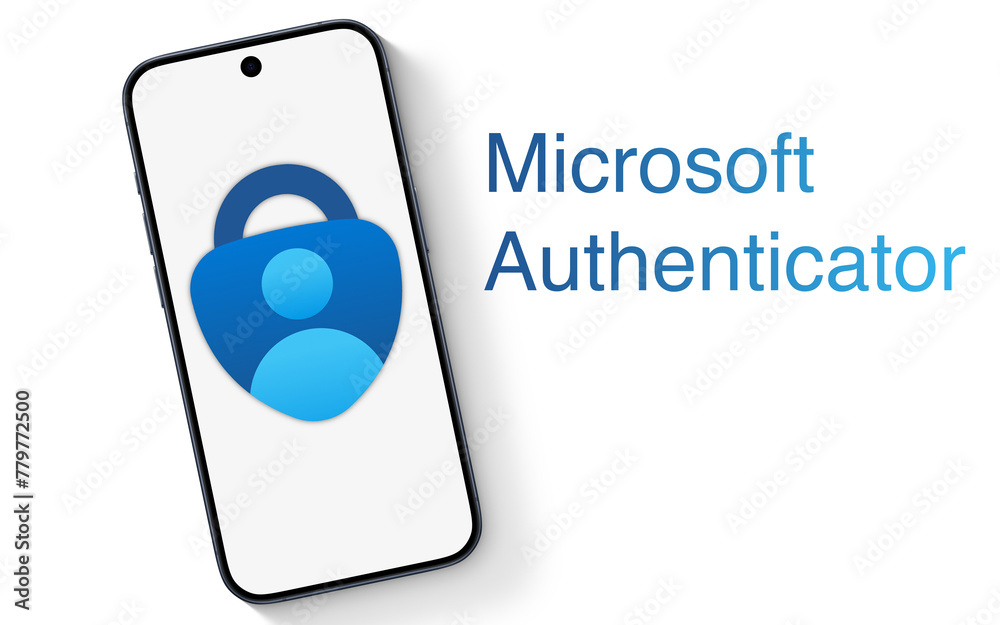 Microsoft Authenticator App logo is displayed on a modern smartphone ...