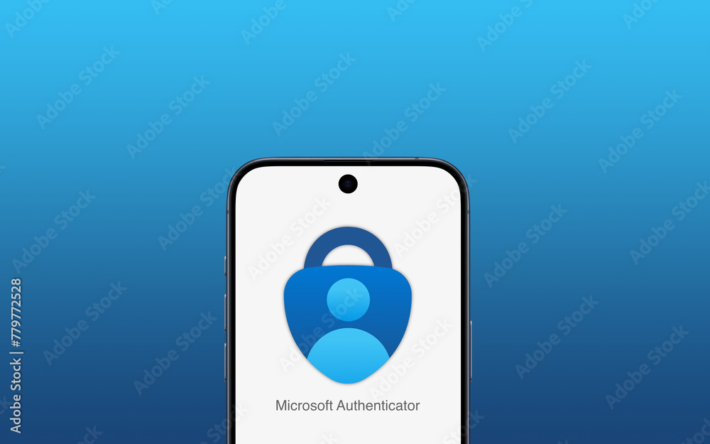 Microsoft Authenticator App logo is displayed on a modern smartphone ...