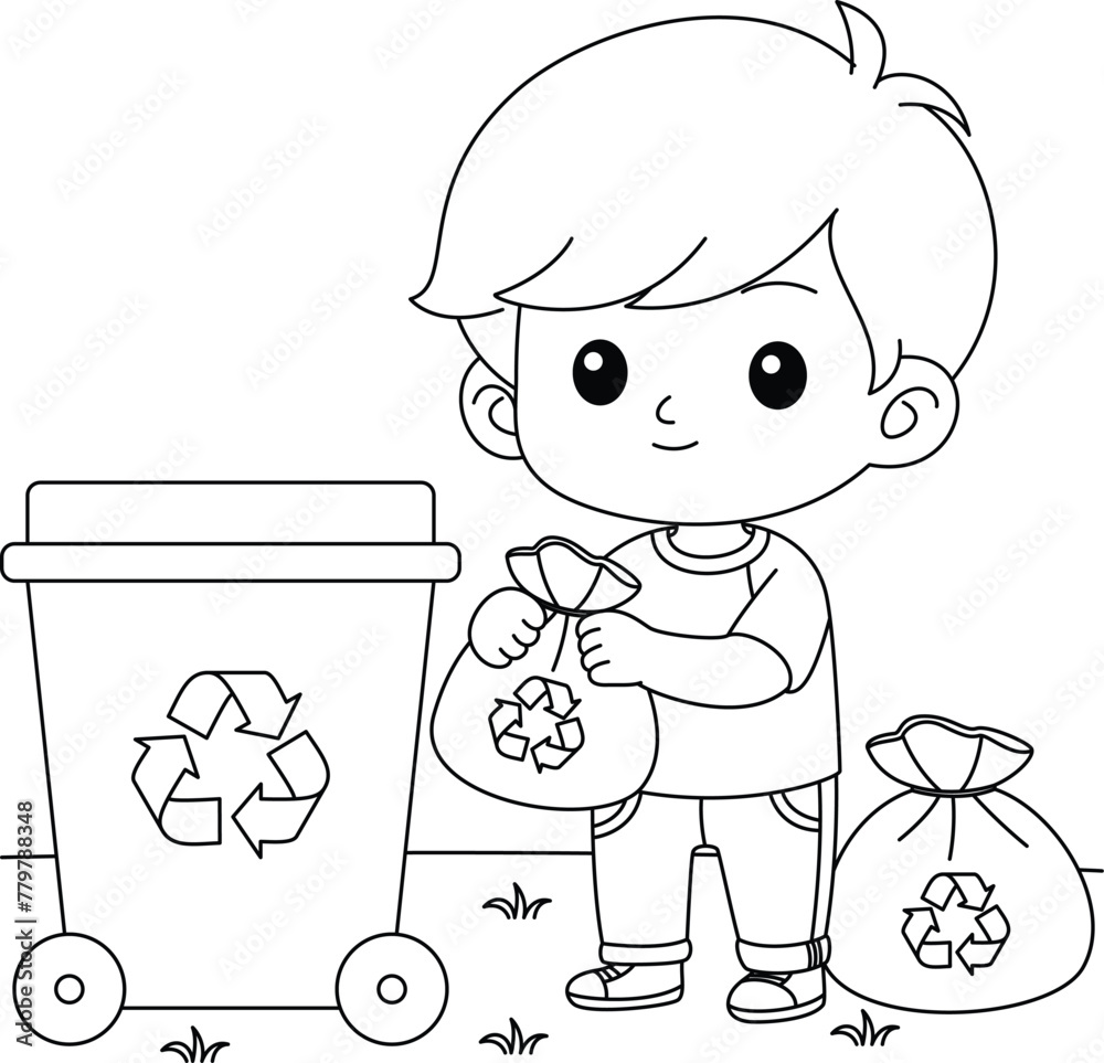 Cute kawaii the boy is sorting trash and throwing trash into the bin ...