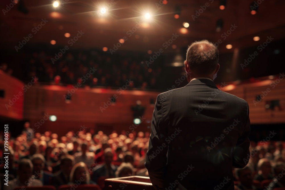 Rear view of a professional speaker at a podium addressing a large ...