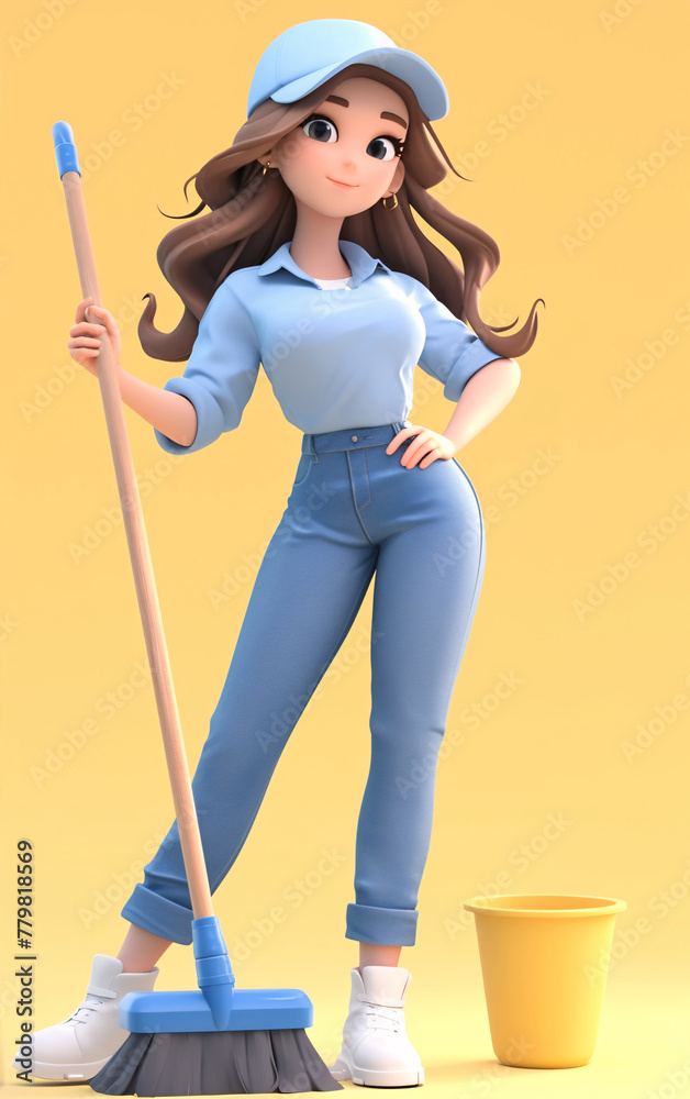 Cartoon janitor cleaning 3D rendering, labor day professional character ...