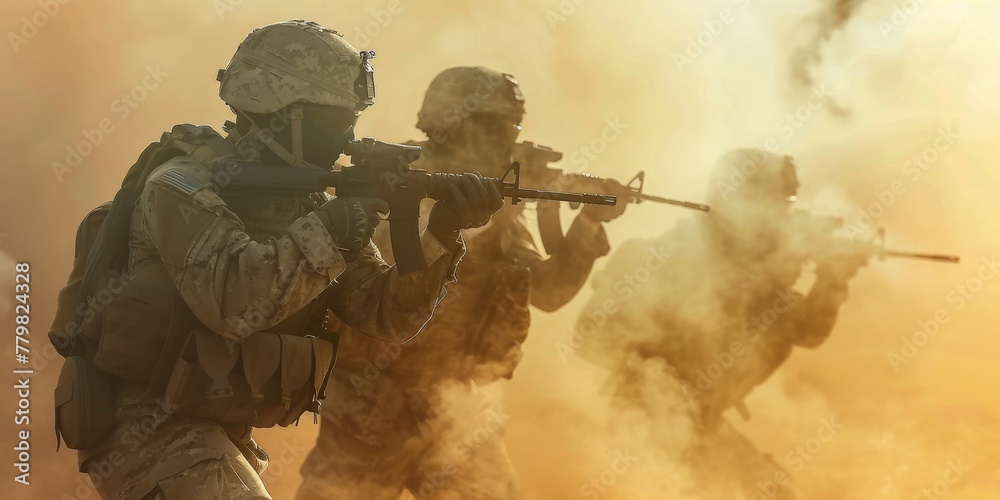 Three soldiers are in a desert, with one of them holding a rifle. The ...