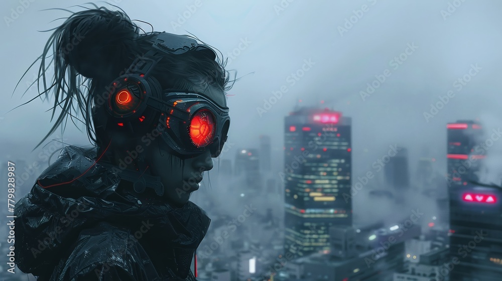 An individual wearing a high-tech mask is positioned in a cyberpunk ...