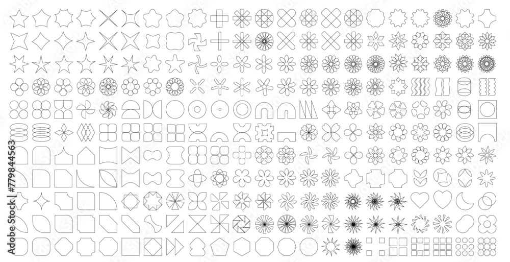 large set of geometric and abstract shapes flat black only outlines ...
