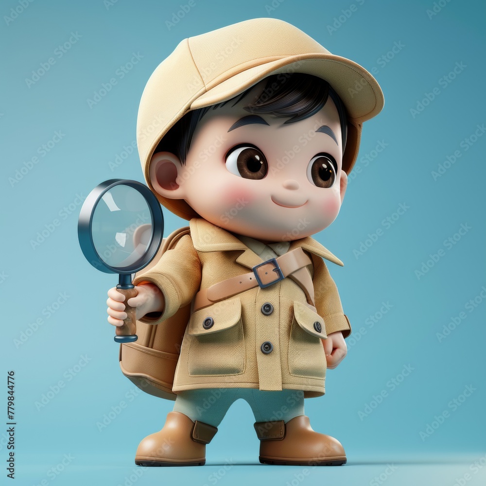 A cute cartoon baby detective boy holding a magnifying glass and ...