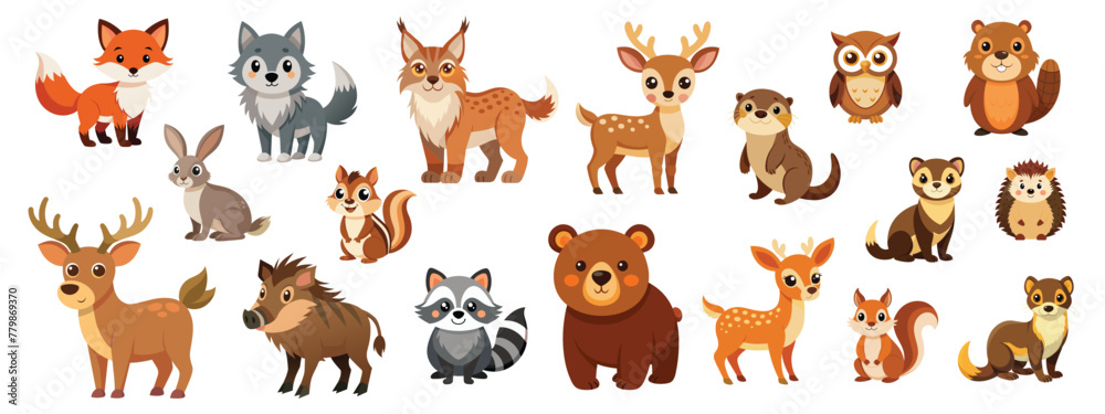 Forest animals flat cartoon illustration. Cute fox, wolf, brown bear ...