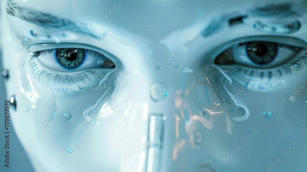 Artificial intelligence. Humanoid robot face with deep, expressive eyes ...