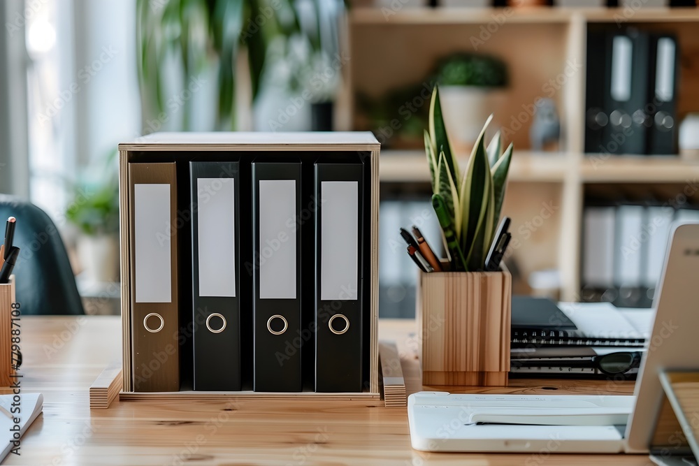 Neatly Organized Workspace with Labeled Folders and Storage for ...