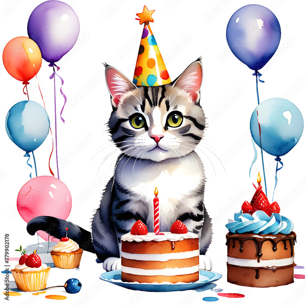 Watercolor Cat Birthday Clipart Graphics Bundle, Cute Kitten Cat ...