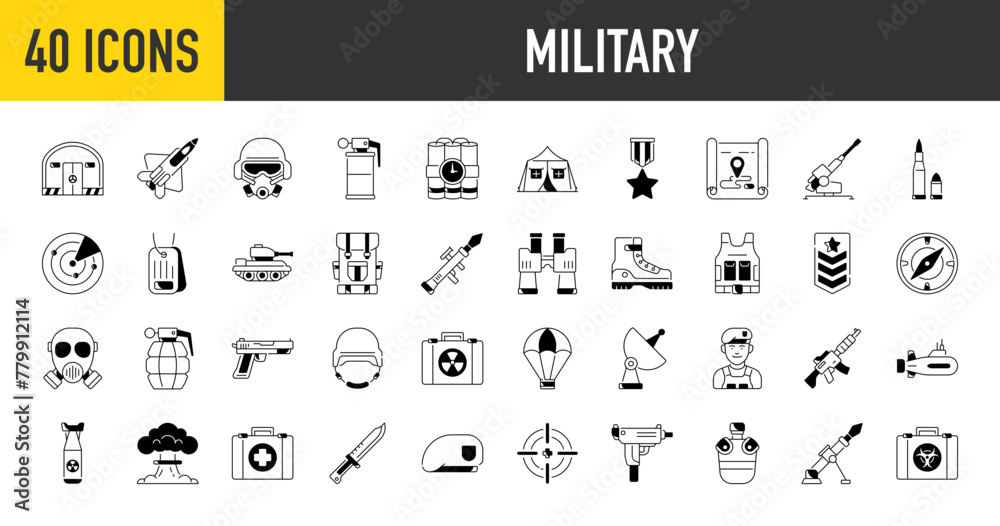 war, military, army icons set. Such as equipment, bunker, rifle, helmet ...