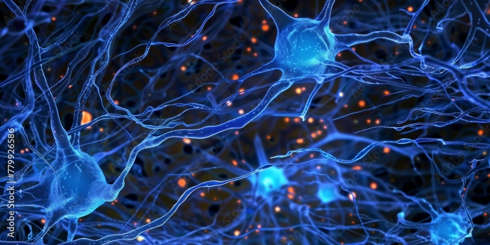 Digital illustration of a neural network with blue neurons and glial ...