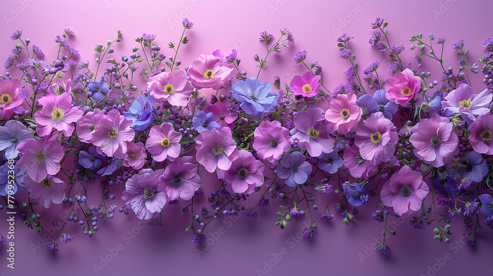 Wall-mounted purple petunias arrangement on a pink gradient background ...