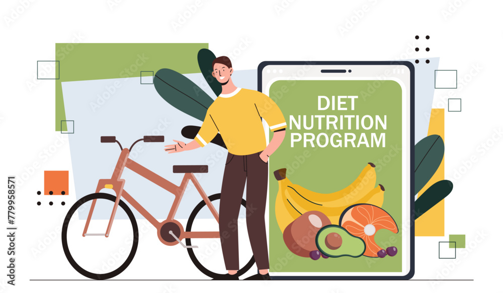 Diet nutrition program concept. Man stands near bicycle with fruits ...
