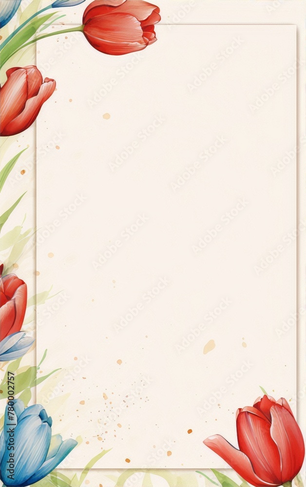 Red and blue watercolor tulips frame, botanical illustration, art ...
