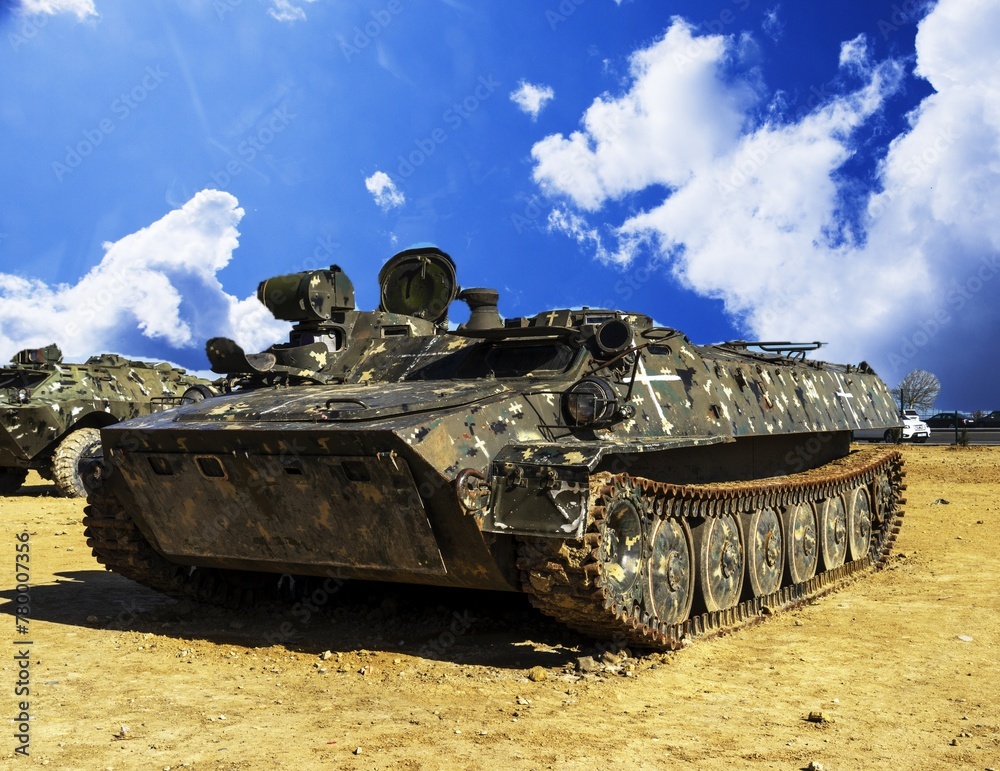 Damaged tanks, armored vehicles and equipment on the battlefield ...