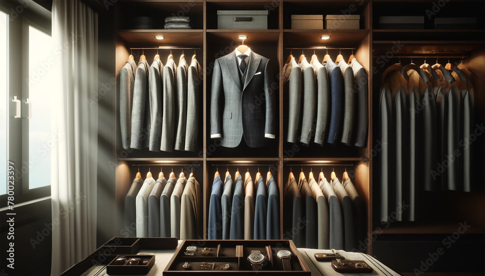 Part of a luxurious men's wardrobe, sorted by color and material and ...