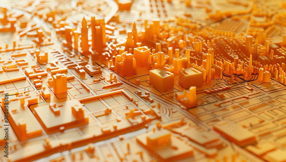 3d model of city map with buildings and roads, orange network lines ...