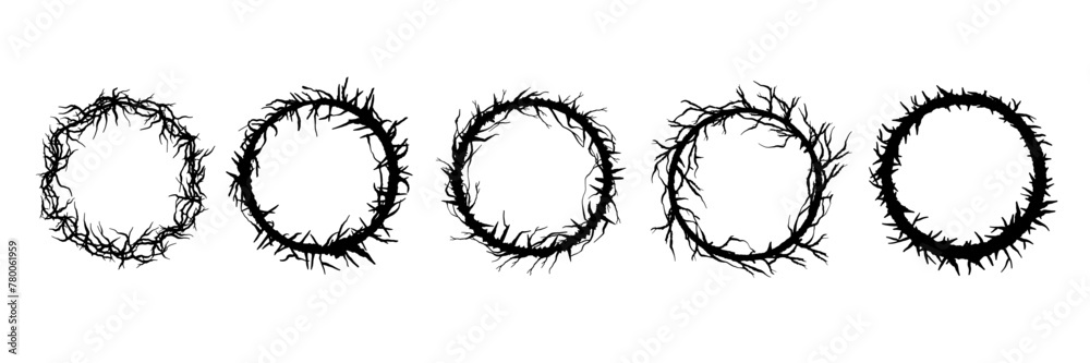 Thorn round frame set, vector gothic tattoo circle border, catholic ...