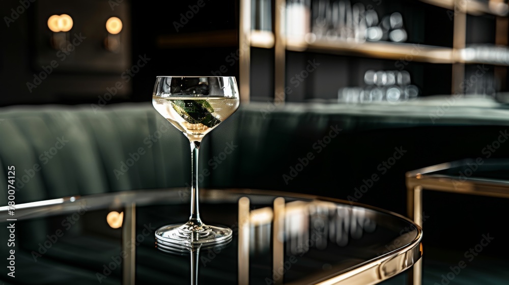 Classic cocktail glass on glass table in night club restaurant. Alcohol ...