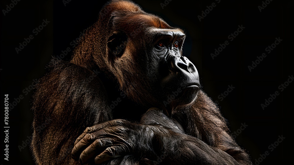 portrait of a sad gorilla, photo studio set up with key light, isolated ...