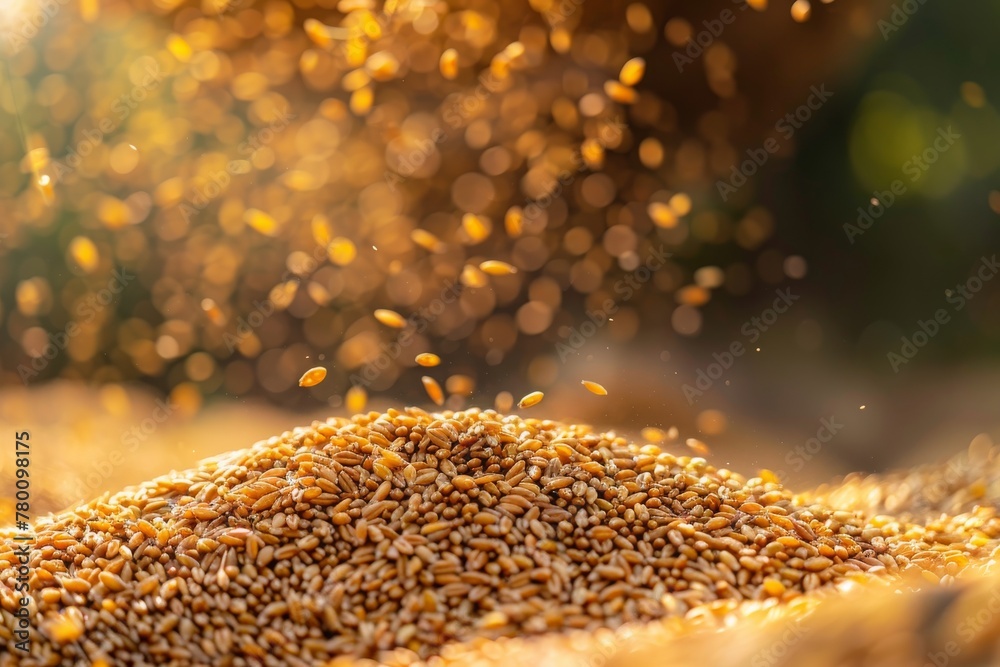 Fresh harvested Wheat seeds falling from tractor machine on the ground ...