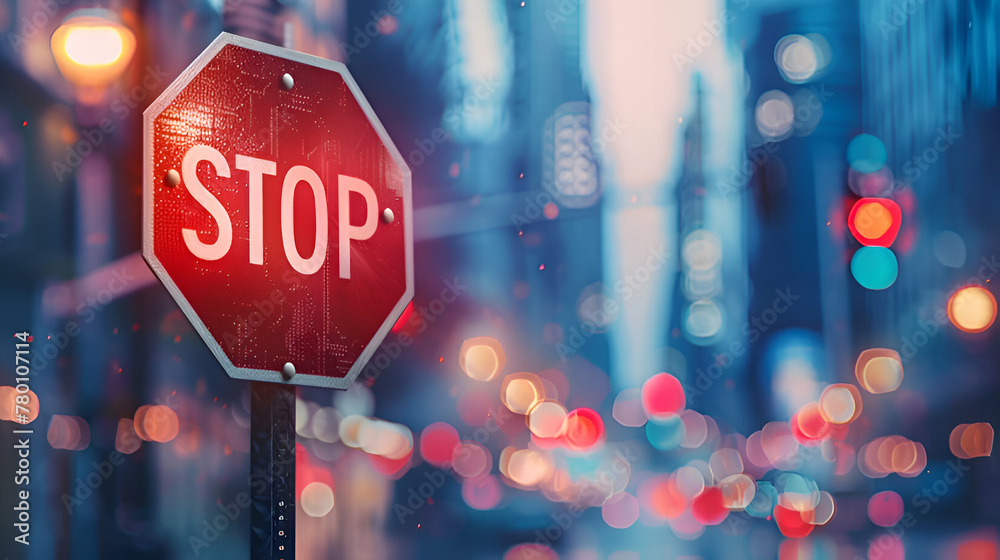 Defocused stop sign traffic regulations with traffic lights on the ...