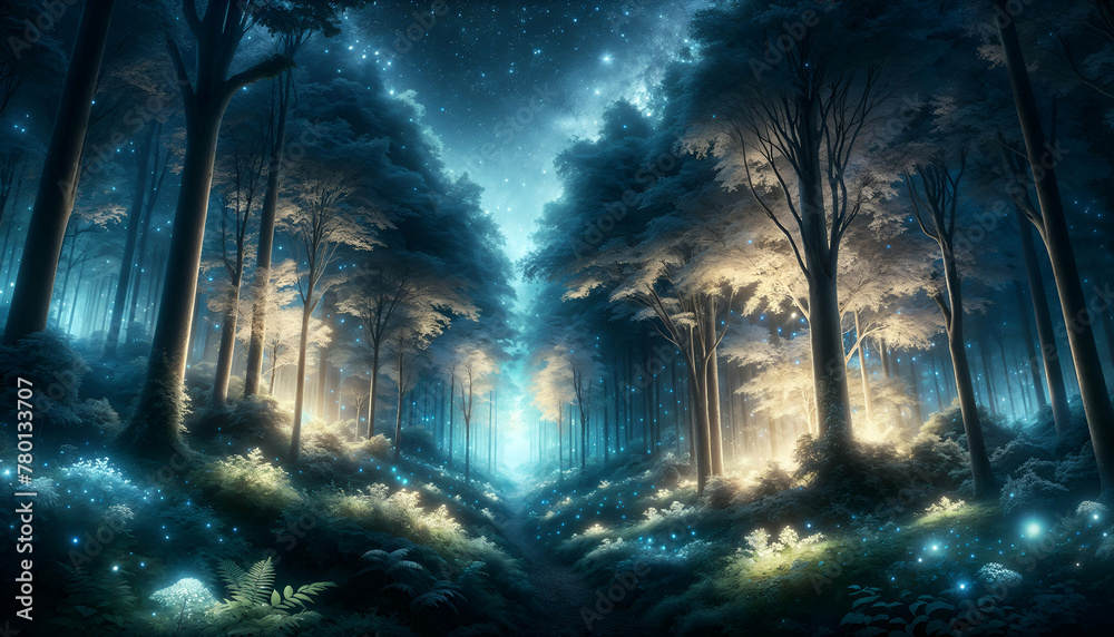 Mystical Starlit Forest Path with Bioluminescent Plants - Magical Landscape for Fantasy ...