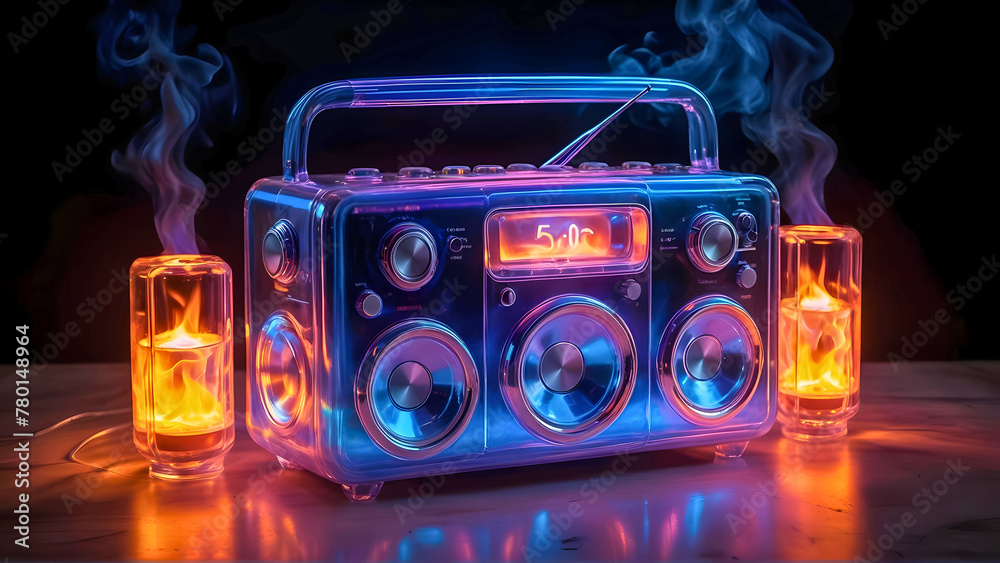 vintage glasscore radio surrounded by fire, burning speakers on black ...