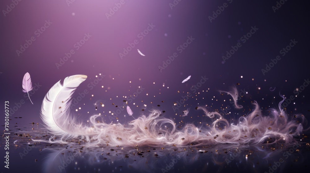 Delicate feathers merge with musical notes on a purple background. Text ...