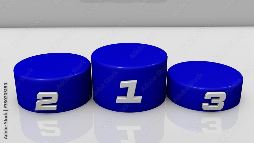 Podio de ganadores en color azul en 3D. Plataforma de visualización de ...