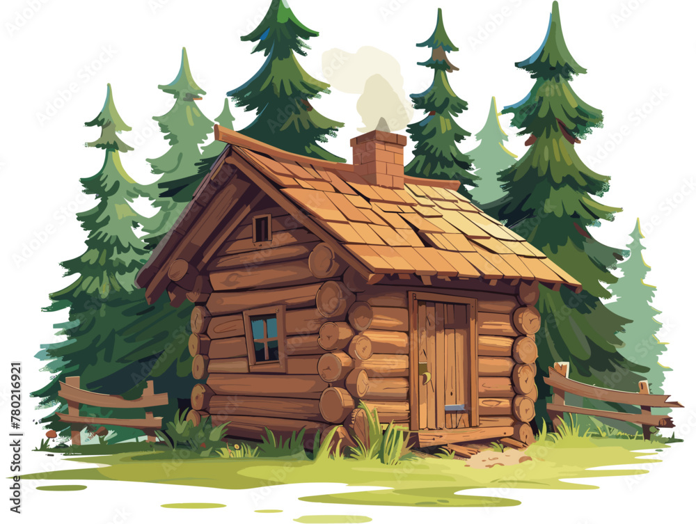 white background, A rustic log cabin in a pine forest, in the style of ...