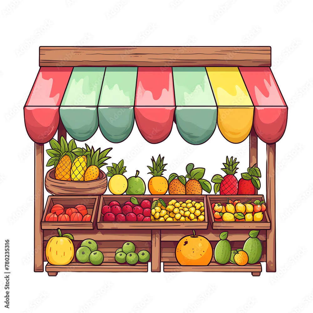 Pixel art style, cute cartoon vector illustration of an fruit stand ...