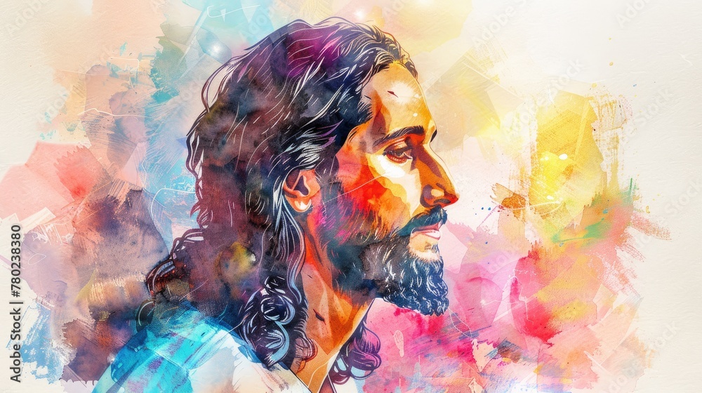 A vibrant watercolor painting of Jesus with soft, expressive colors ...