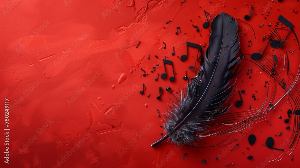 Delicate black feathers beautifully match the musical notes on the red ...