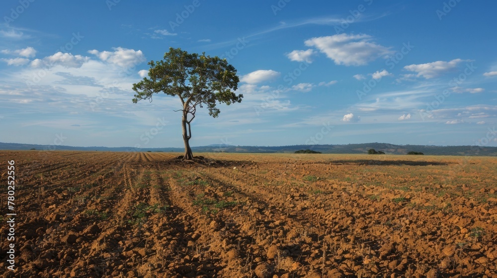Foto stock di A lone tree stands in a field of stubble and parched soil ...