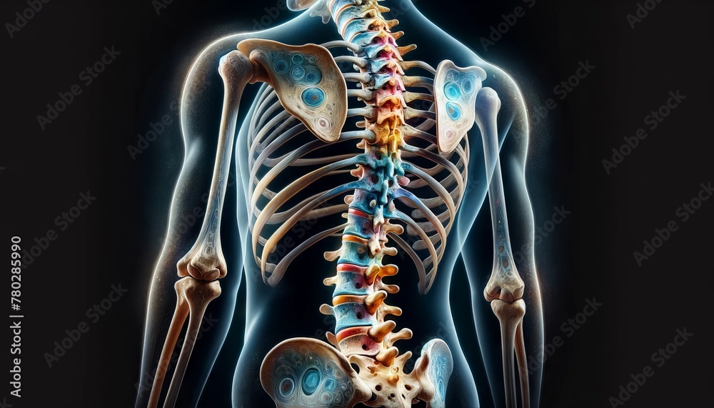A depiction of the human skeletal system focusing on the spine, showing ...