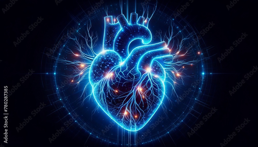 A human heart depicted as a network of pulsing blue light veins and ...