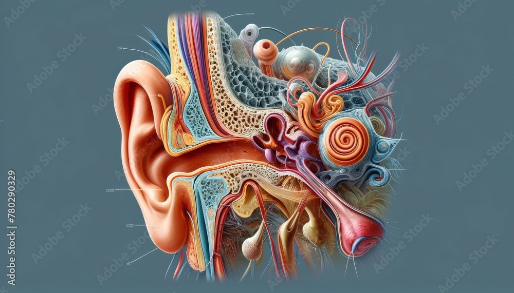 An illustration of the complex structure of the human ear, showing the ...