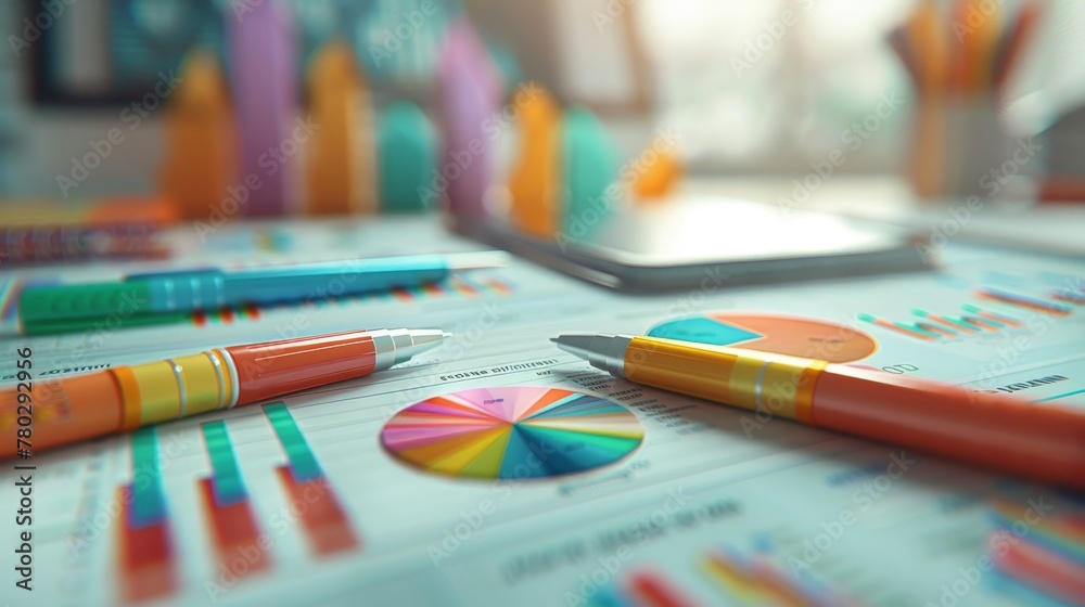 office documents featuring data, pie charts, and graphs, with a close ...
